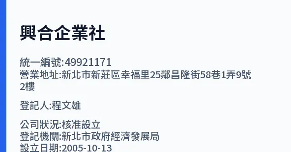 興合企業社的照片-統編 49921171(新北市) 公司登記資料與營業項目詳細圖表