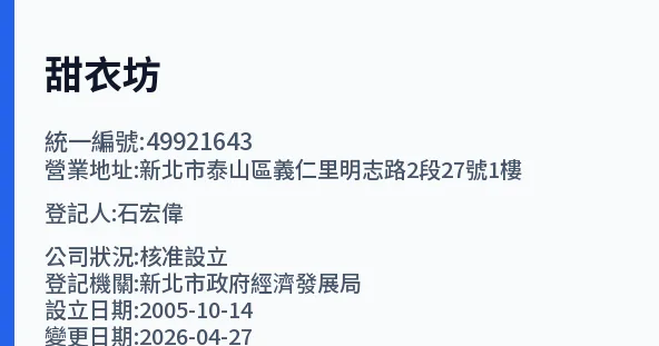 甜衣坊的照片-統編 49921643(新北市) 公司登記資料與營業項目詳細圖表