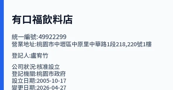 有口福飲料店的照片-統編 49922299(桃園市) 公司登記資料與營業項目詳細圖表