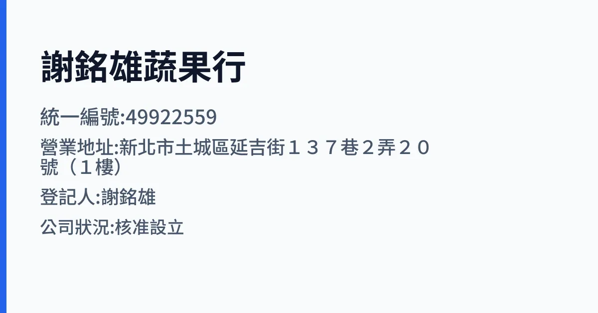 謝銘雄蔬果行 - 統編 49922559(新北市) 公司登記資料與營業項目詳細圖表