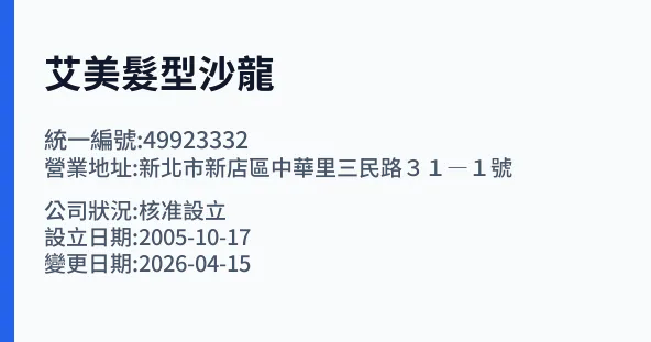 艾美髮型沙龍 - 統編 49923332(新北市) 公司登記資料與營業項目詳細圖表