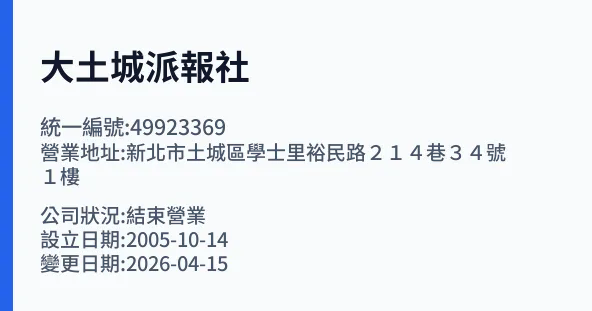 大土城派報社的照片-統編 49923369(新北市) 公司登記資料與營業項目詳細圖表
