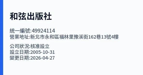 和弦出版社的照片-統編 49924114(新北市) 公司登記資料與營業項目詳細圖表