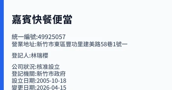 嘉賓快餐便當的照片-統編 49925057(新竹市) 公司登記資料與營業項目詳細圖表