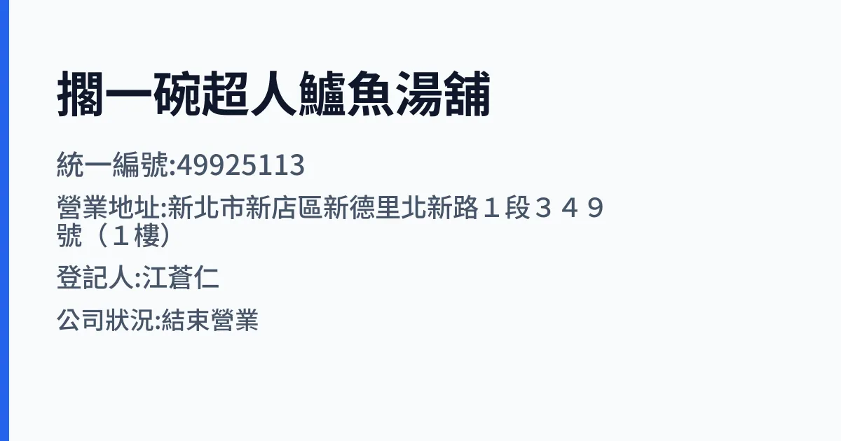 擱一碗超人鱸魚湯舖 - 統編 49925113(新北市) 公司登記資料與營業項目詳細圖表