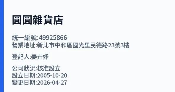 圓圓雜貨店的照片-統編 49925866(新北市) 公司登記資料與營業項目詳細圖表