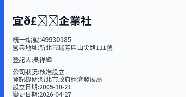 宜𣔋企業社的照片-統編 49930185(新北市) 公司登記資料與營業項目詳細圖表
