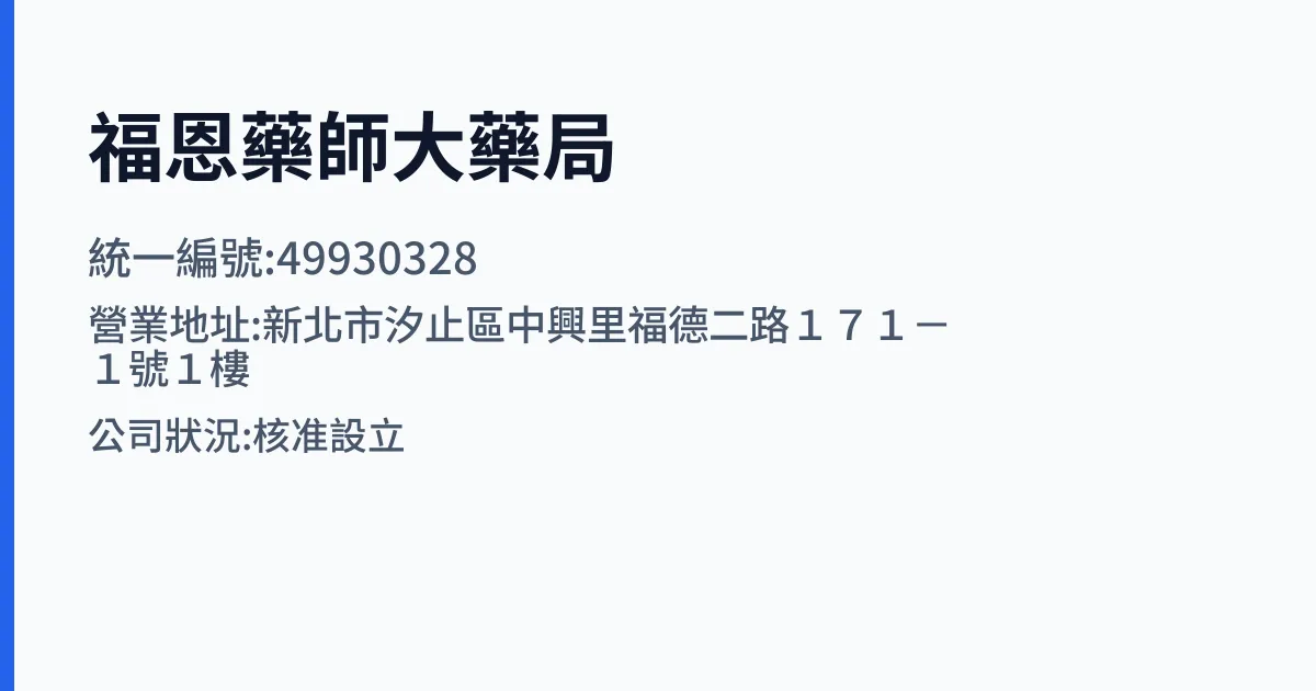 福恩藥師大藥局 - 統編 49930328(新北市) 公司登記資料與營業項目詳細圖表