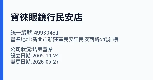 寶徠眼鏡行民安店的照片-統編 49930431(新北市) 公司登記資料與營業項目詳細圖表