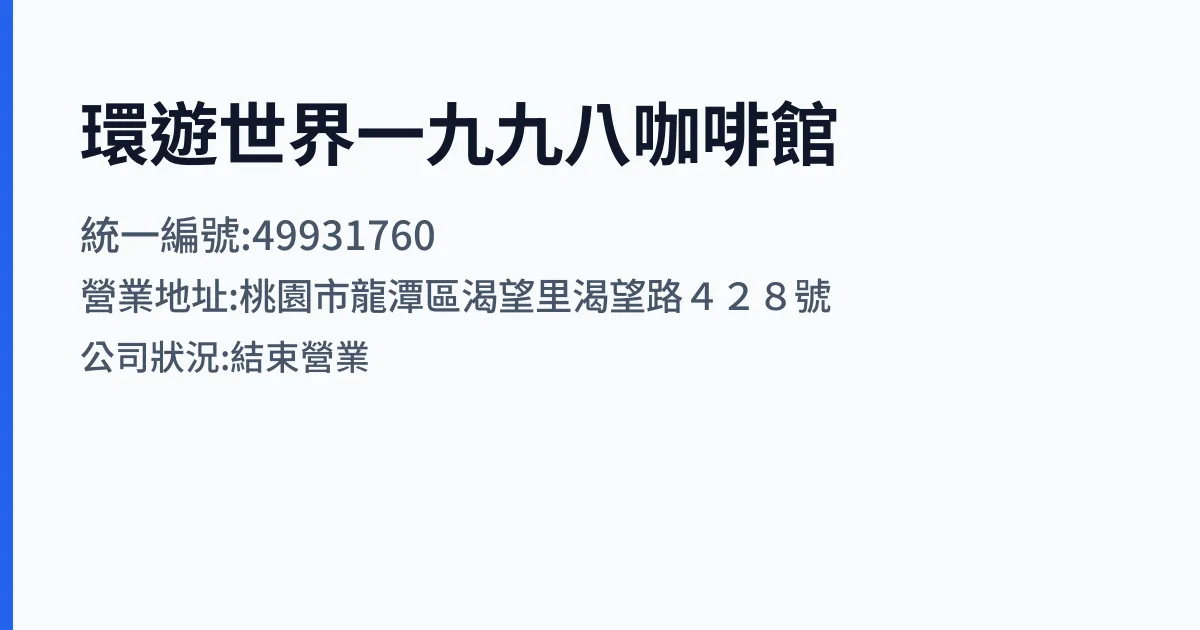 環遊世界一九九八咖啡館 - 統編 49931760(桃園市) 公司登記資料與營業項目詳細圖表