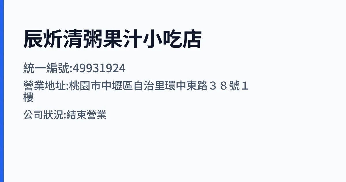辰炘清粥果汁小吃店 - 統編 49931924(桃園市) 公司登記資料與營業項目詳細圖表