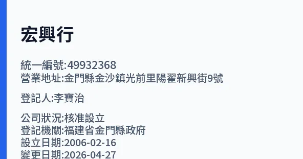 宏興行的照片-統編 49932368(金門縣) 公司登記資料與營業項目詳細圖表