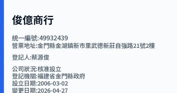 俊億商行的照片-統編 49932439(金門縣) 公司登記資料與營業項目詳細圖表