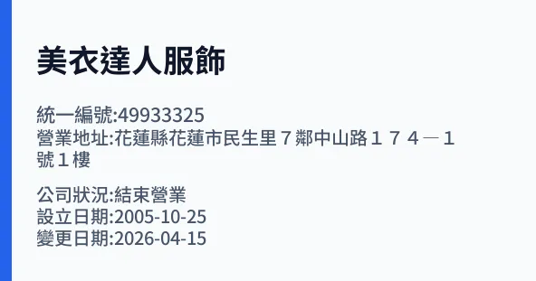 美衣達人服飾的照片-統編 49933325(花蓮縣) 公司登記資料與營業項目詳細圖表