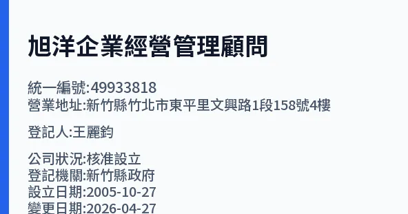 旭洋企業經營管理顧問的照片-統編 49933818(新竹縣) 公司登記資料與營業項目詳細圖表
