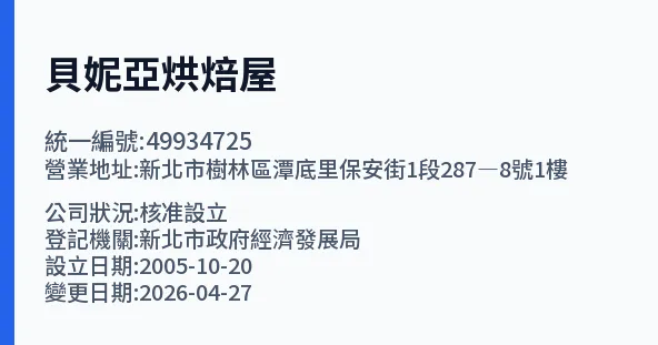 貝妮亞烘焙屋的照片-統編 49934725(新北市) 公司登記資料與營業項目詳細圖表