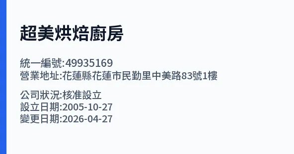 超美烘焙廚房的照片-統編 49935169(花蓮縣) 公司登記資料與營業項目詳細圖表