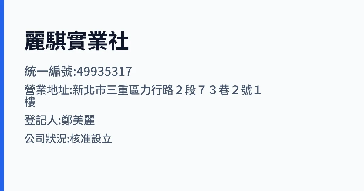 麗騏實業社 - 統編 49935317(新北市) 公司登記資料與營業項目詳細圖表