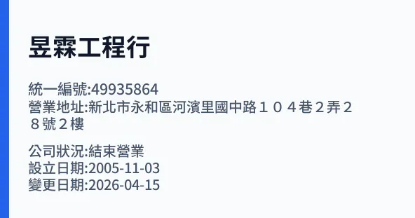 昱霖工程行的照片-統編 49935864(新北市) 公司登記資料與營業項目詳細圖表