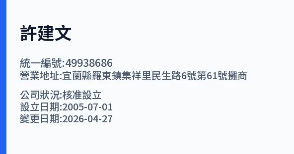 許建文的照片-統編 49938686(宜蘭縣) 公司登記資料與營業項目詳細圖表