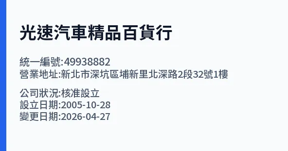 光速汽車精品百貨行的照片-統編 49938882(新北市) 公司登記資料與營業項目詳細圖表