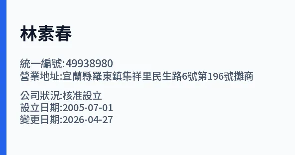 林素春的照片-統編 49938980(宜蘭縣) 公司登記資料與營業項目詳細圖表