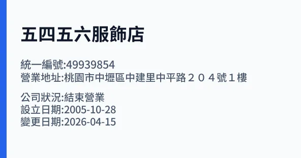 五四五六服飾店的照片-統編 49939854(桃園市) 公司登記資料與營業項目詳細圖表