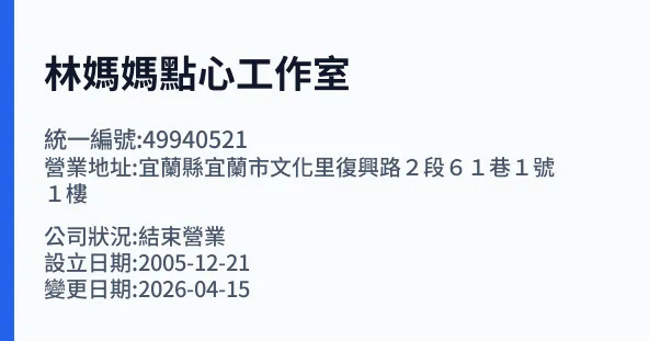 林媽媽點心工作室的照片-統編 49940521(宜蘭縣) 公司登記資料與營業項目詳細圖表