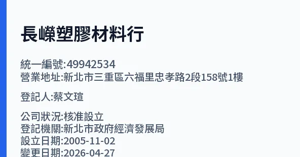 長嶸塑膠材料行的照片-統編 49942534(新北市) 公司登記資料與營業項目詳細圖表