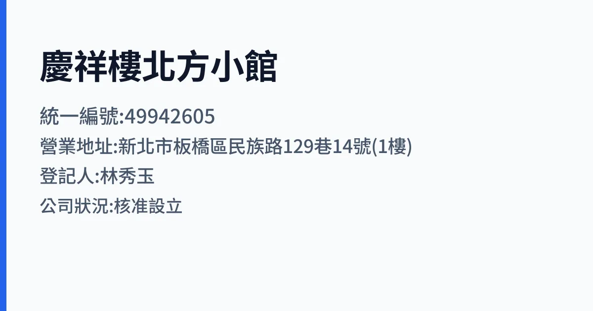 慶祥樓北方小館 - 統編 49942605(新北市) 公司登記資料與營業項目詳細圖表