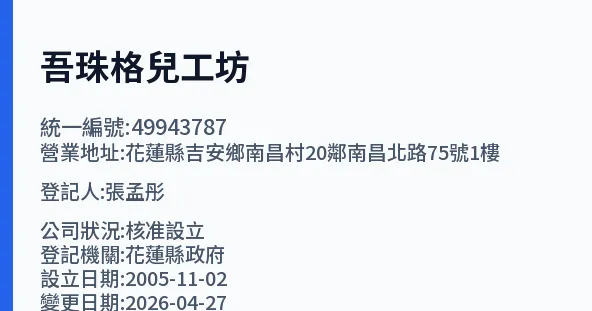 吾珠格兒工坊的照片-統編 49943787(花蓮縣) 公司登記資料與營業項目詳細圖表