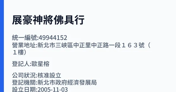 展豪神將佛具行的照片-統編 49944152(新北市) 公司登記資料與營業項目詳細圖表