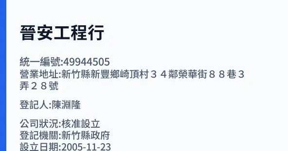 晉安工程行的照片-統編 49944505(新竹縣) 公司登記資料與營業項目詳細圖表