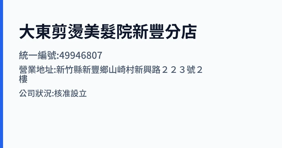 大東剪燙美髮院新豐分店 - 統編 49946807（新竹縣） 公司登記資料與營業項目詳細圖表