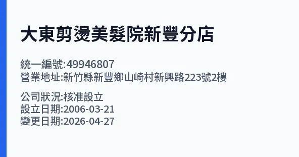 大東剪燙美髮院新豐分店的照片-統編 49946807(新竹縣) 公司登記資料與營業項目詳細圖表