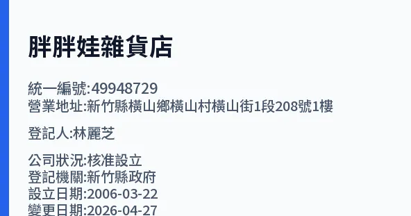 胖胖娃雜貨店的照片-統編 49948729(新竹縣) 公司登記資料與營業項目詳細圖表