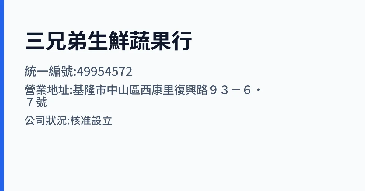三兄弟生鮮蔬果行 - 統編 49954572(基隆市) 公司登記資料與營業項目詳細圖表