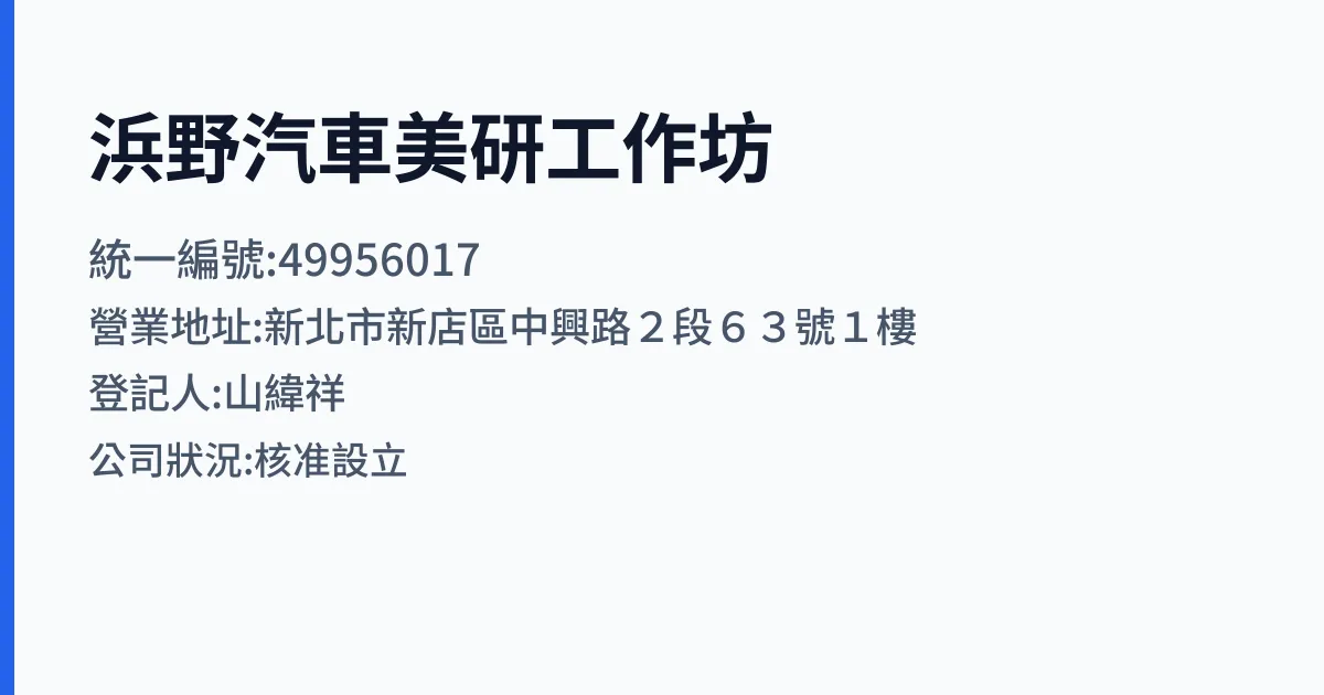 浜野汽車美研工作坊 - 統編 49956017（新北市） 公司登記資料與營業項目詳細圖表
