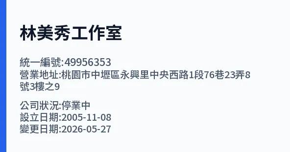 林美秀工作室的照片-統編 49956353(桃園市) 公司登記資料與營業項目詳細圖表