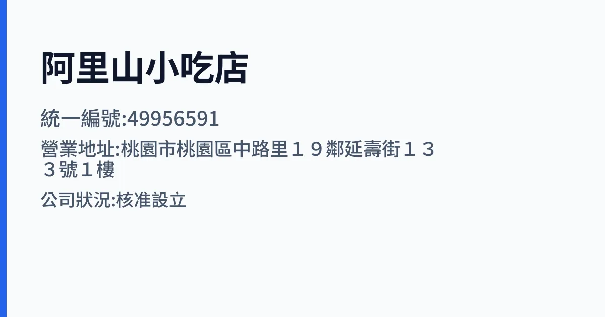 阿里山小吃店 - 統編 49956591(桃園市) 公司登記資料與營業項目詳細圖表