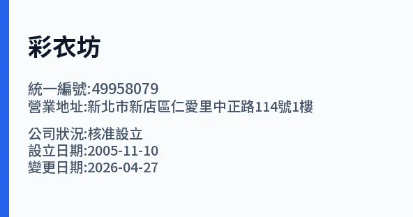彩衣坊的照片-統編 49958079(新北市) 公司登記資料與營業項目詳細圖表