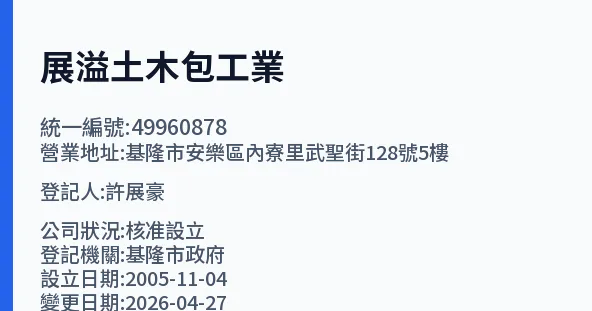 展溢土木包工業的照片-統編 49960878(基隆市) 公司登記資料與營業項目詳細圖表