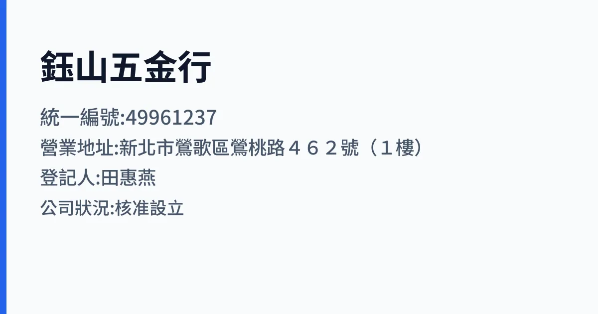 鈺山五金行 - 統編 49961237(新北市) 公司登記資料與營業項目詳細圖表