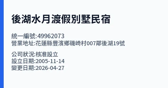 後湖水月渡假別墅民宿的照片-統編 49962073(花蓮縣) 公司登記資料與營業項目詳細圖表