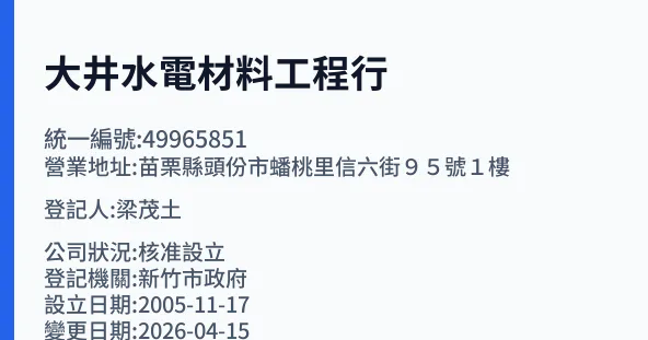 大井水電材料工程行的照片-統編 49965851(苗栗縣) 公司登記資料與營業項目詳細圖表