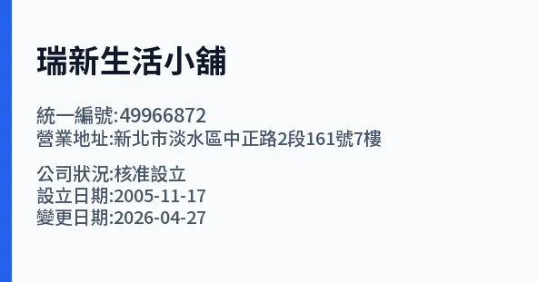 瑞新生活小舖的照片-統編 49966872(新北市) 公司登記資料與營業項目詳細圖表