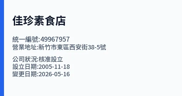 佳珍素食店的照片-統編 49967957(新竹市) 公司登記資料與營業項目詳細圖表