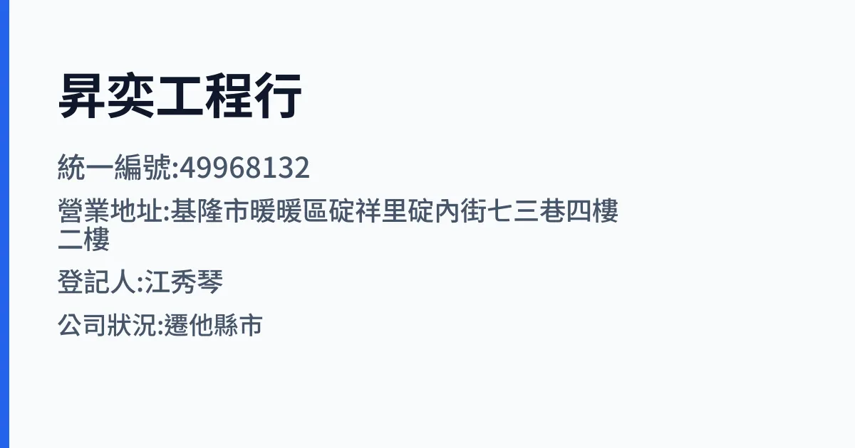 昇奕工程行 - 統編 49968132(新北市) 公司登記資料與營業項目詳細圖表