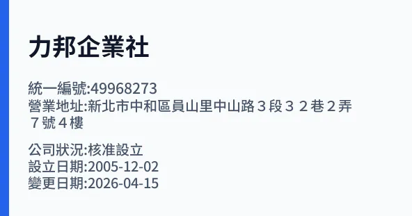 力邦企業社的照片-統編 49968273(新北市) 公司登記資料與營業項目詳細圖表