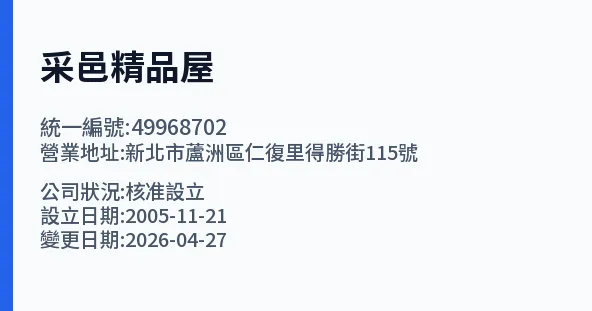 采邑精品屋的照片-統編 49968702(新北市) 公司登記資料與營業項目詳細圖表